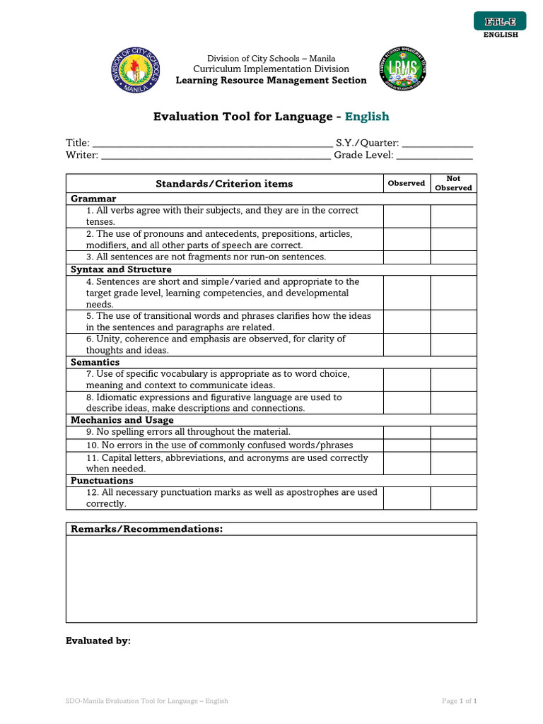 LR Evaluation Rating Sheet (Evaluation Tool For Langugage - English) | PDF