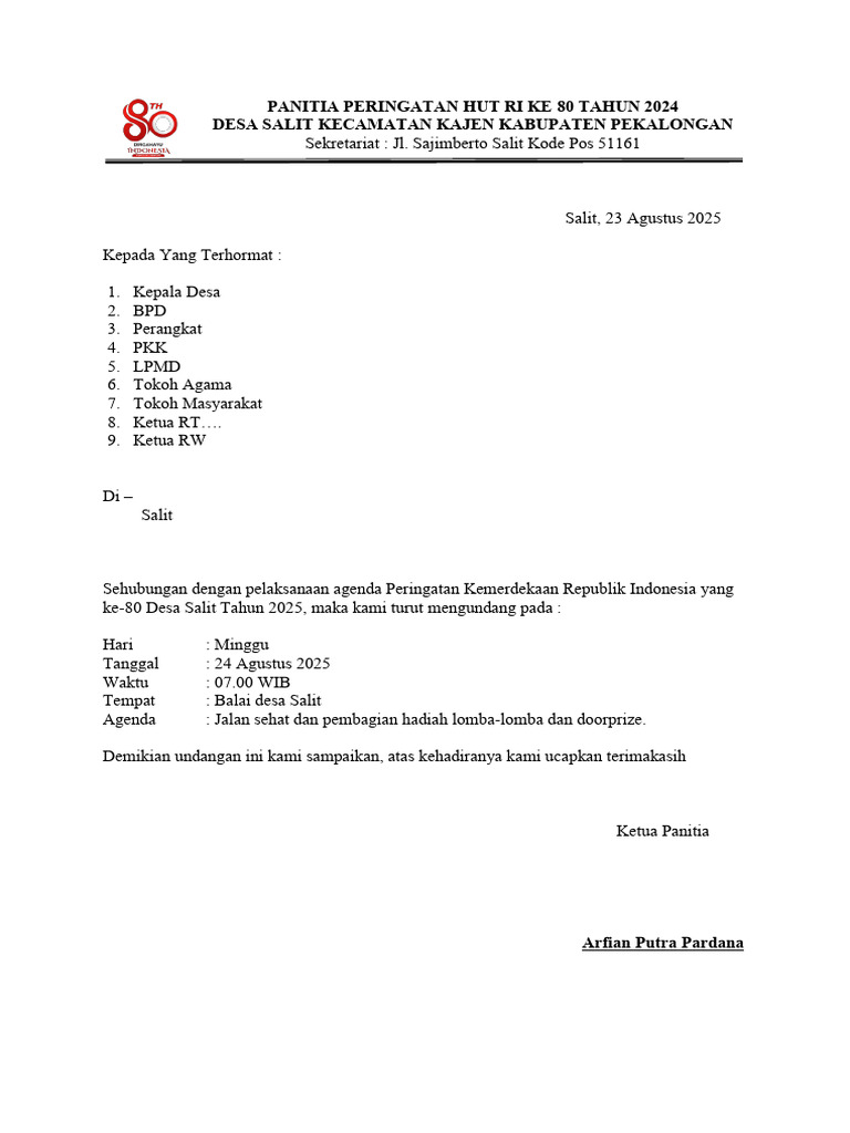 Undangan HUT RI ke-80 Desa Salit | PDF
