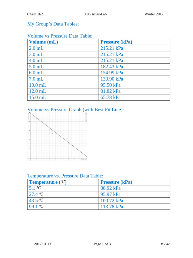 Chem 162 Winter 2017 Lab Analysis | PDF | Pressure | Continuum Mechanics