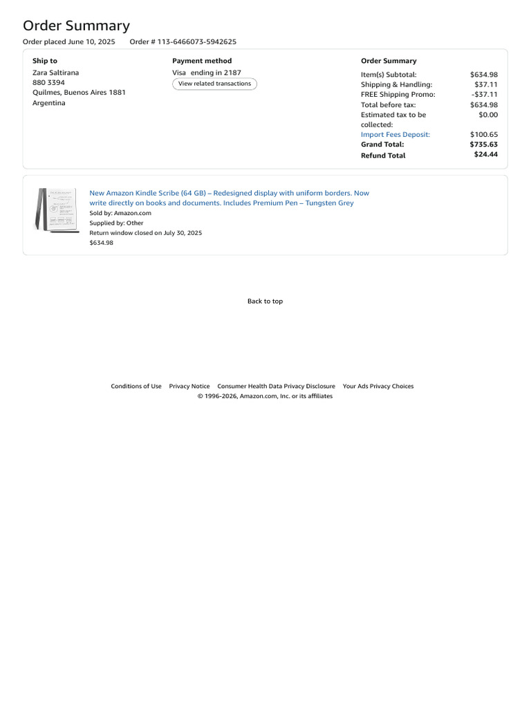 Amazon Order Summary for Kindle Scribe | PDF