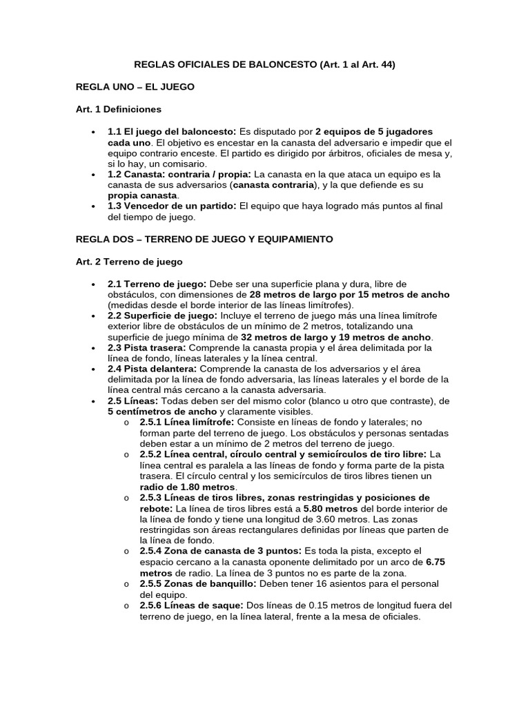 Reglas Oficiales de Baloncesto: Art. 1-44 | PDF | Deportes | Reglas y ...