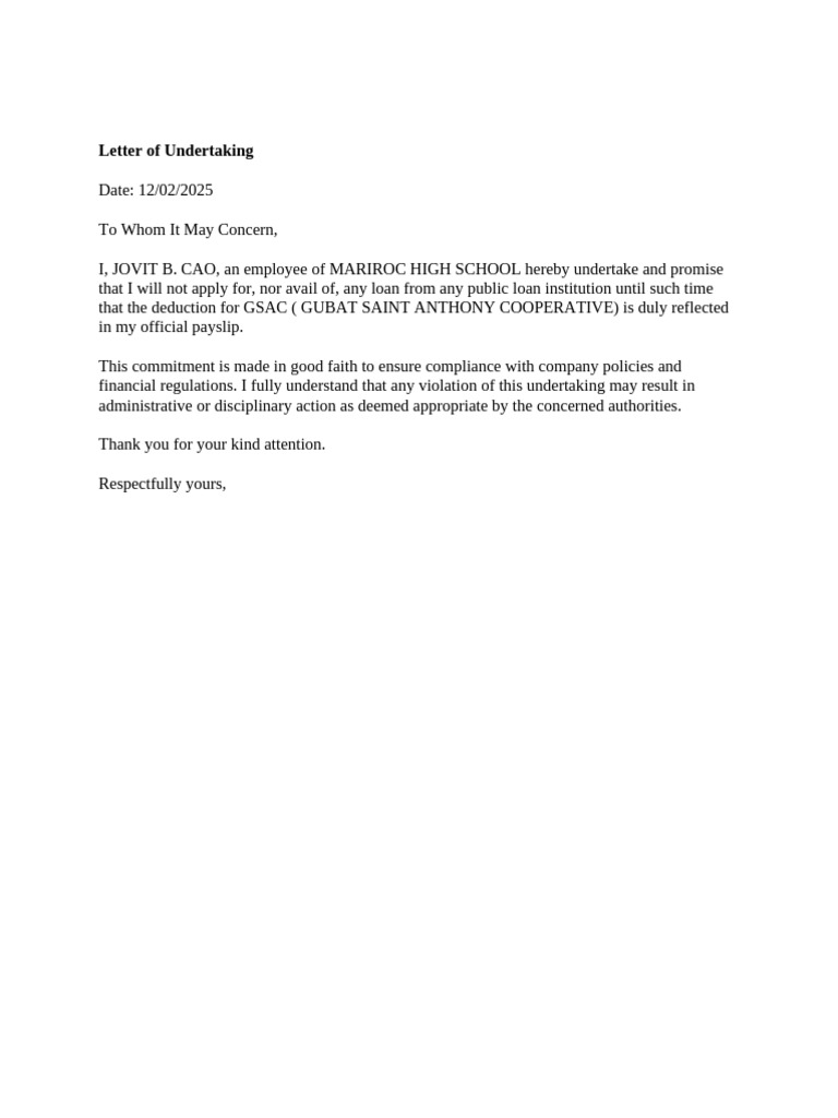 Employee Loan Undertaking Letter | PDF