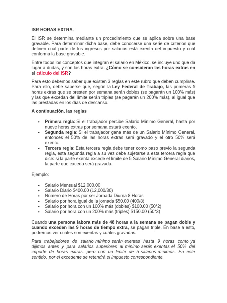 Isr Horas Extra | PDF | Salario mínimo | Impuesto sobre la renta