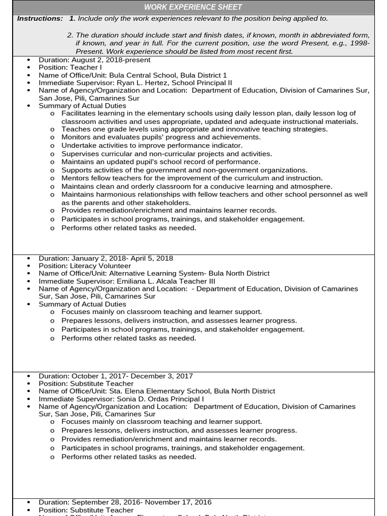Work Experience Sheet for Educators | PDF | Teachers | Curriculum