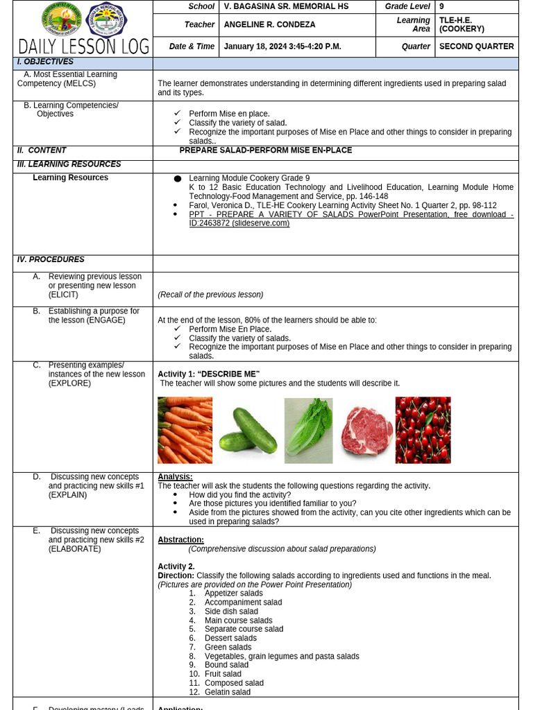 Grade 9 Cookery: Salad Preparation Guide | PDF | Salad | Learning