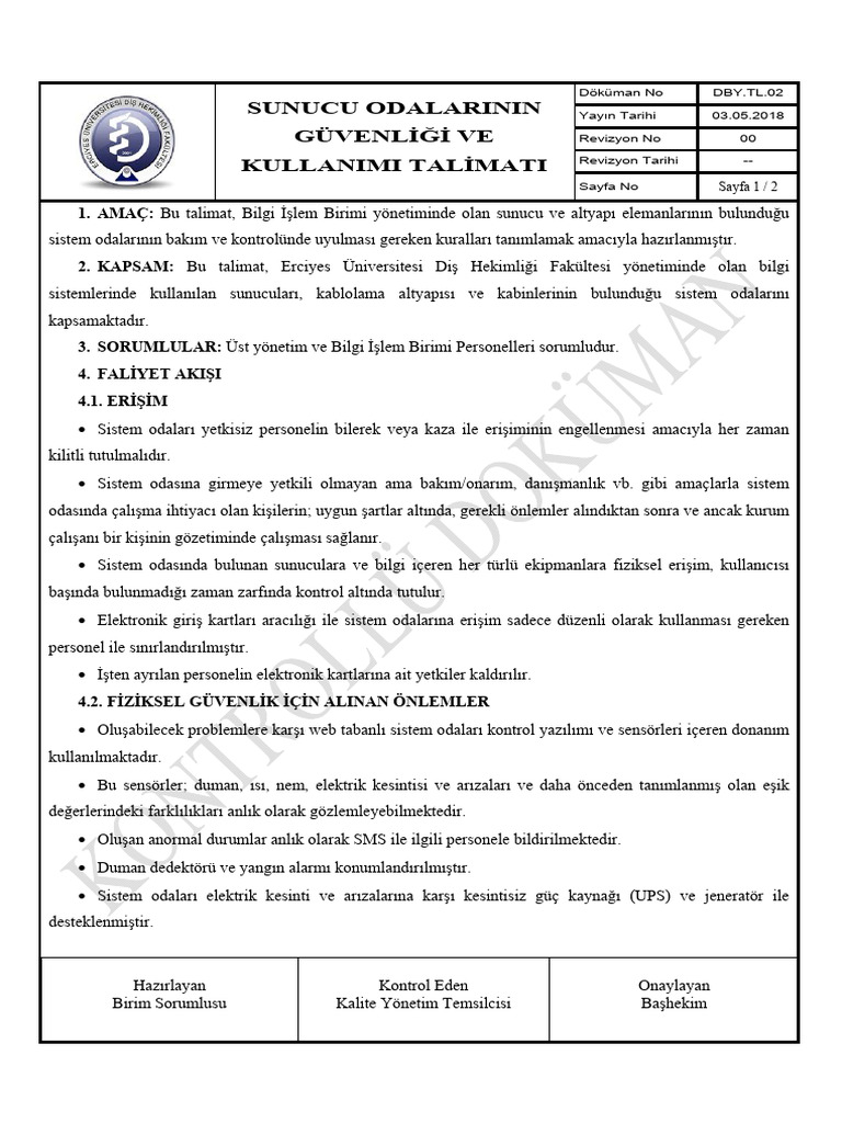 Sunucu Odalarinin Guvenligi Ve Kullanimi Talimati DBY TL 02 | PDF