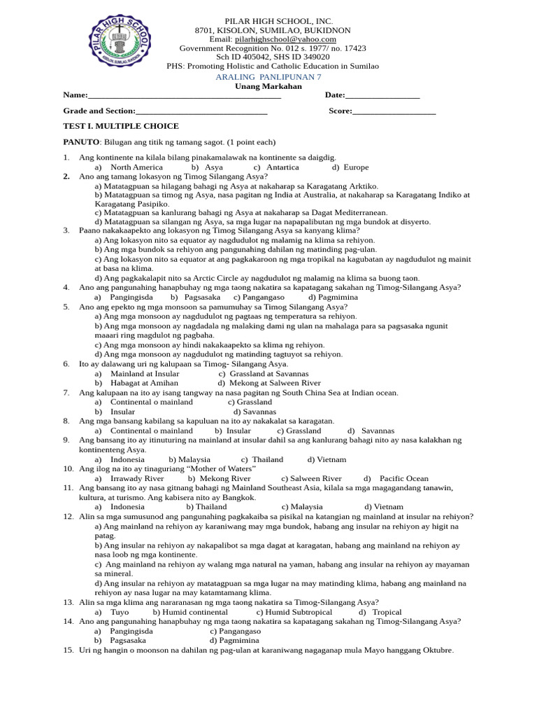 G7 Ap Q1 Exam | PDF
