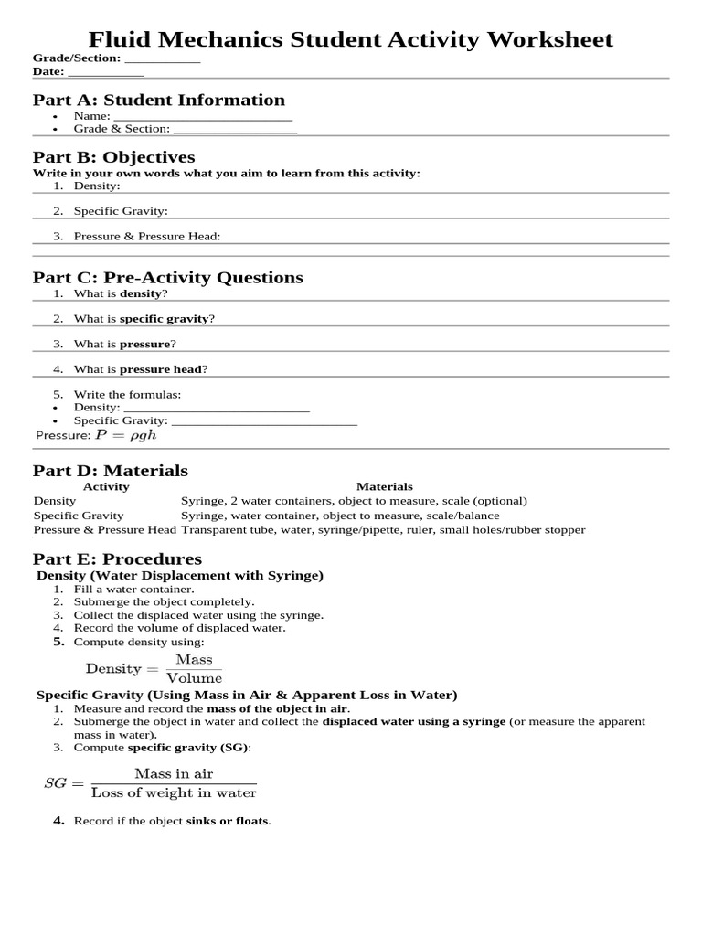 Fluid Mechanics Activity Worksheet | PDF | Density | Pressure