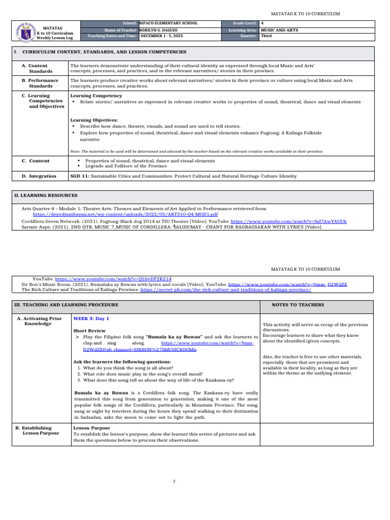 K-10 Music and Arts Lesson Plan | PDF | Dances | The Arts