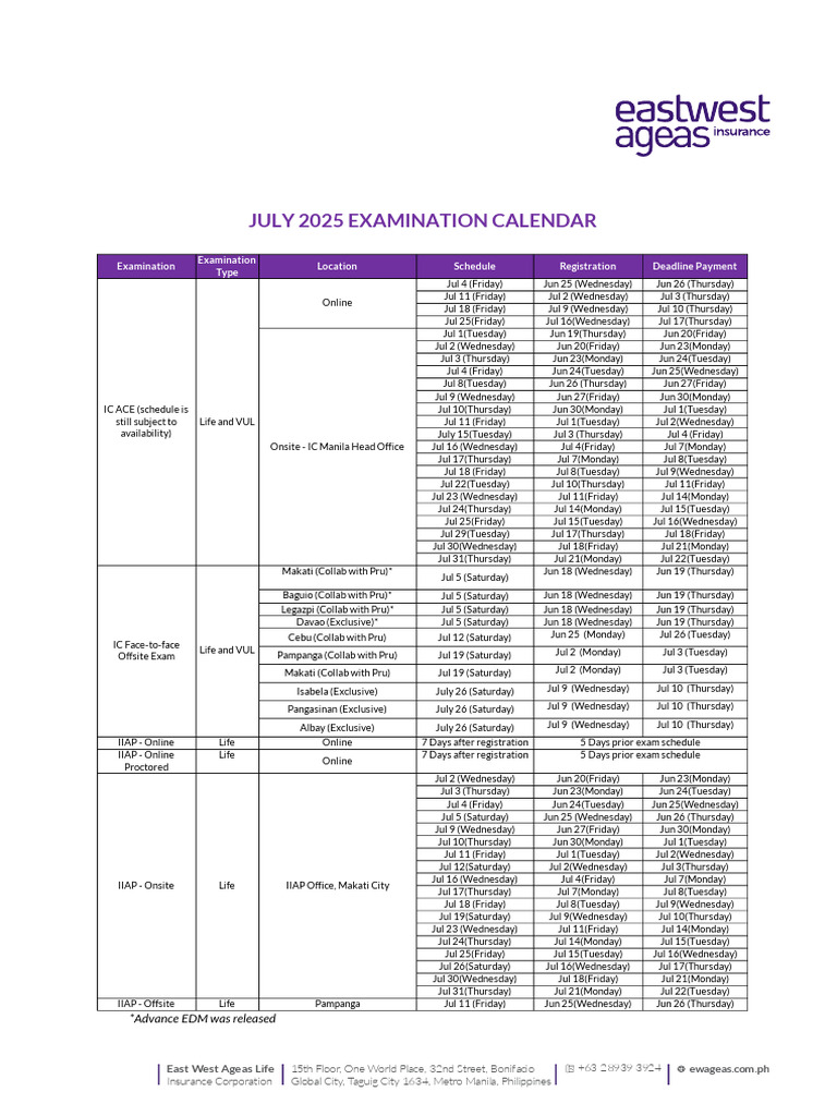 July to September 2025 Exam Calendar | PDF