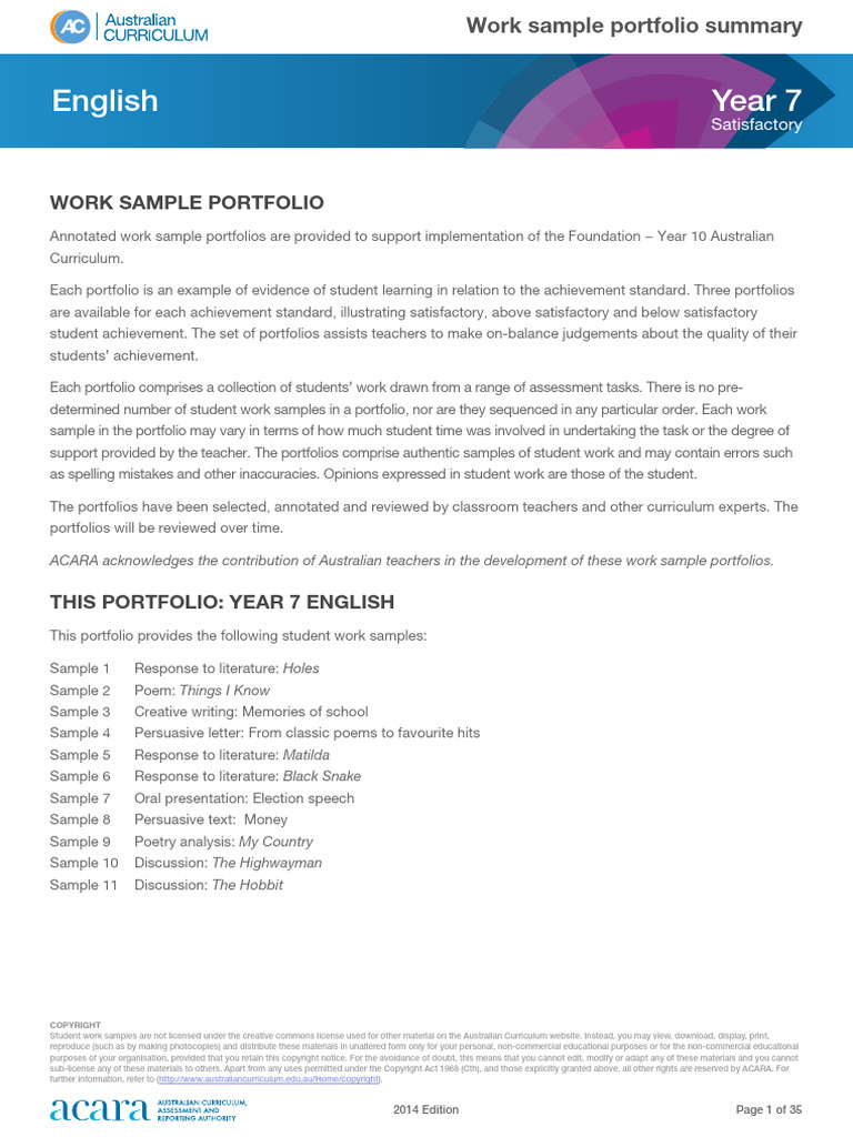 Year 7 English Work Sample Portfolio | PDF | Vocabulary | English Language