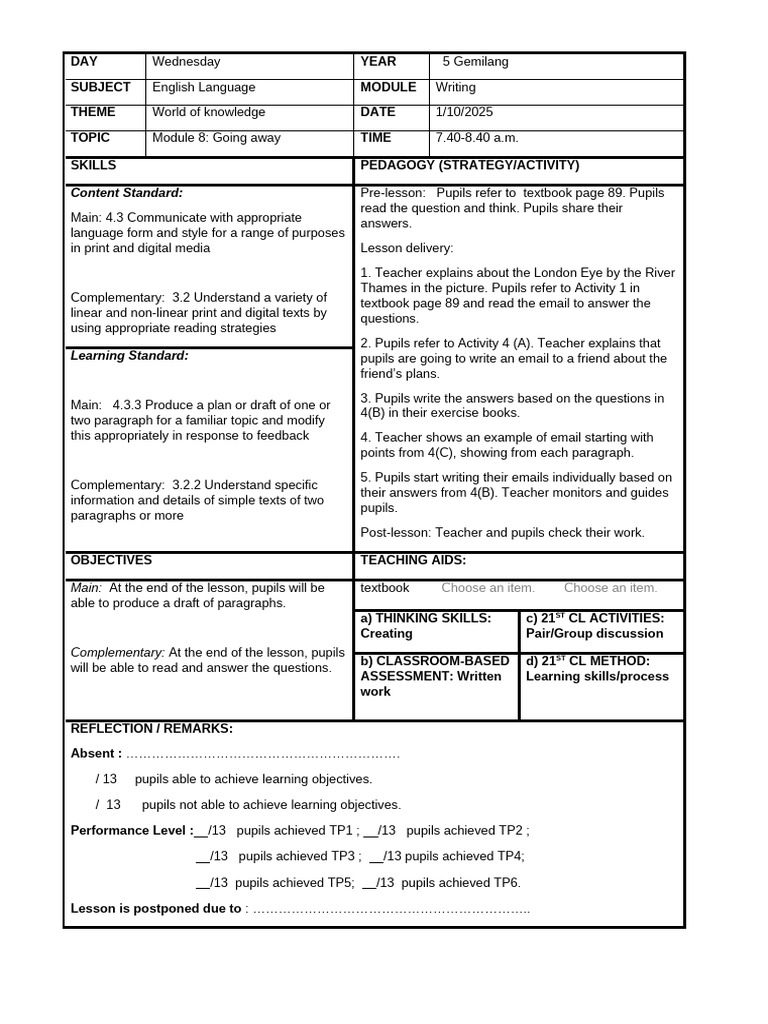 1.10.2025 Y5 LESSON PLAN | PDF | Teachers | Lesson Plan