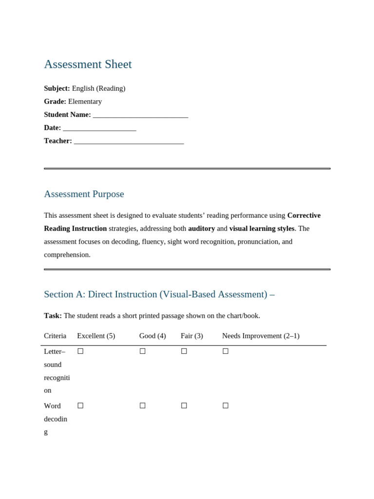 Elementary Reading Assessment Sheet | PDF | Neuroscience | Cognition