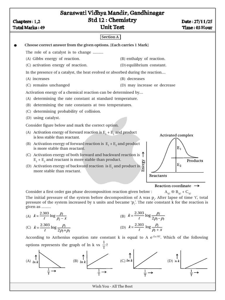Std 12 Chemistry Unit Test Questions | PDF | Reaction Rate | Activation ...