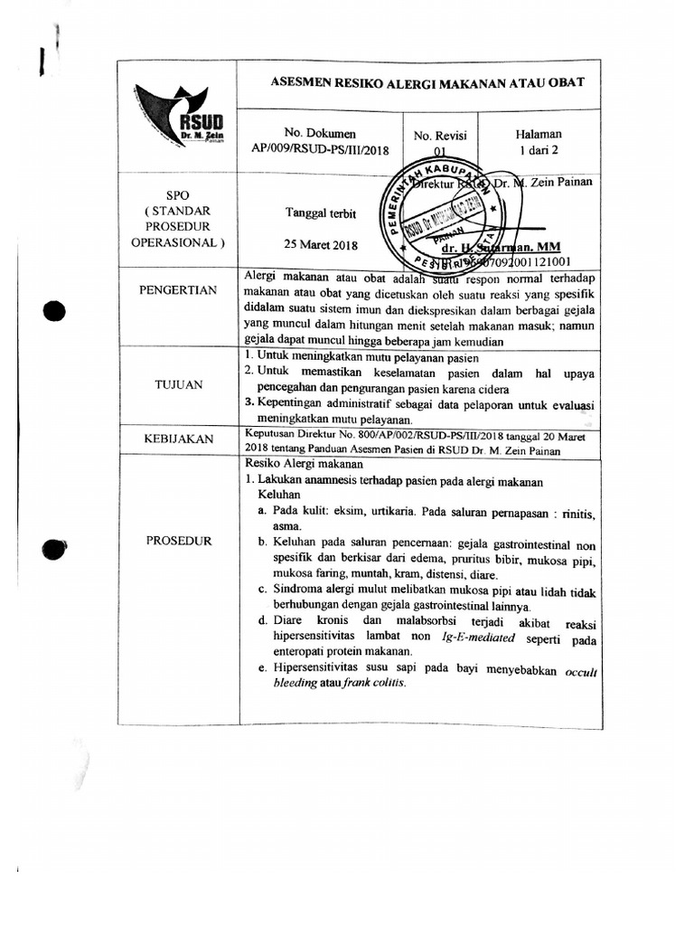 Standar Operasional Prosedur Tentang Asesmen Resiko Alergi Makanan Atau ...