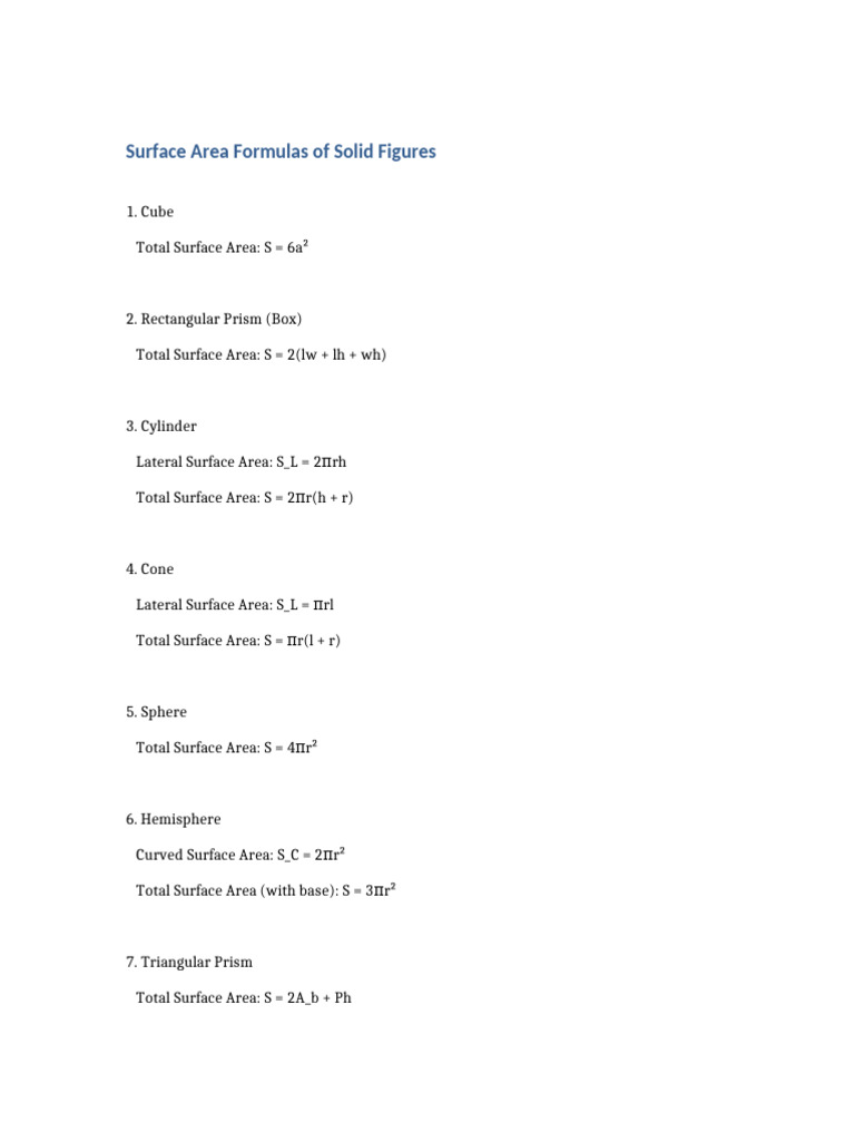 Surface Area Formulas | PDF