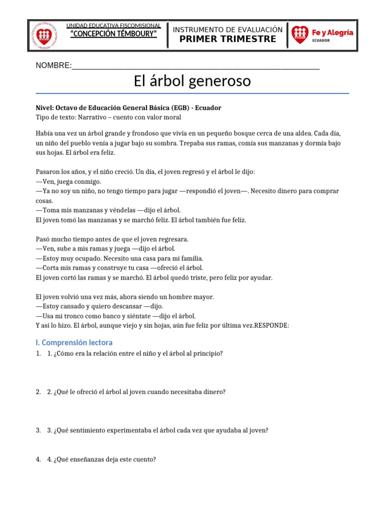 Evaluación de "El árbol generoso" EGB | PDF