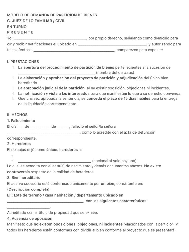 Modelo De Demanda De Partición De Bienes Pdf Sentencia Ley