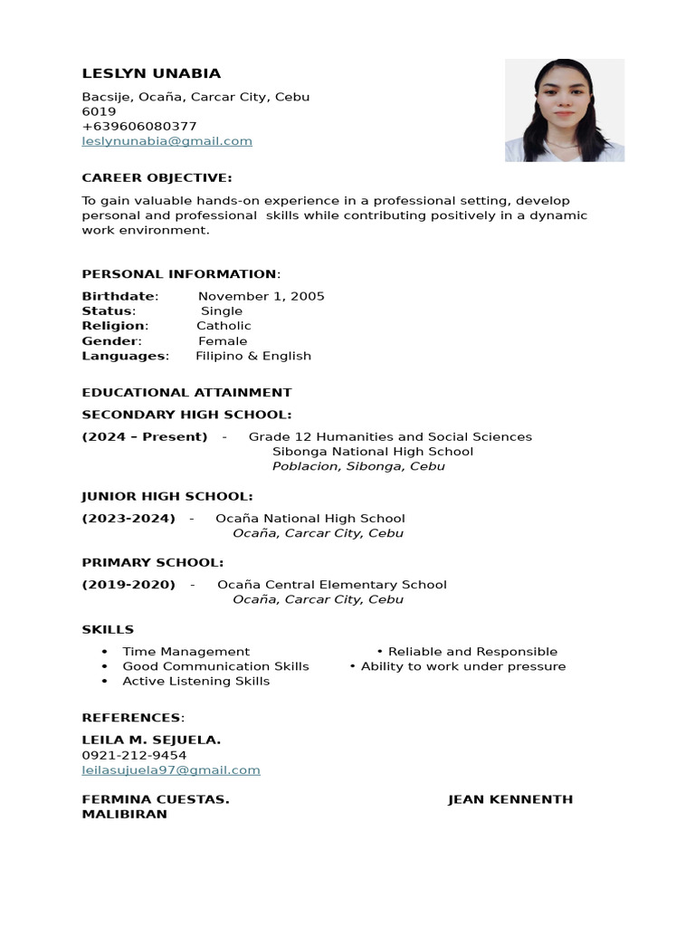 Leslyn Unabia Resume and Profile | PDF