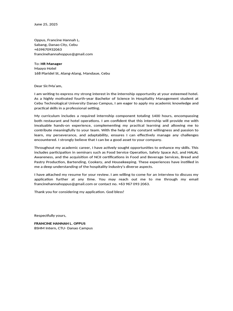Internship Application for Hospitality Management | PDF