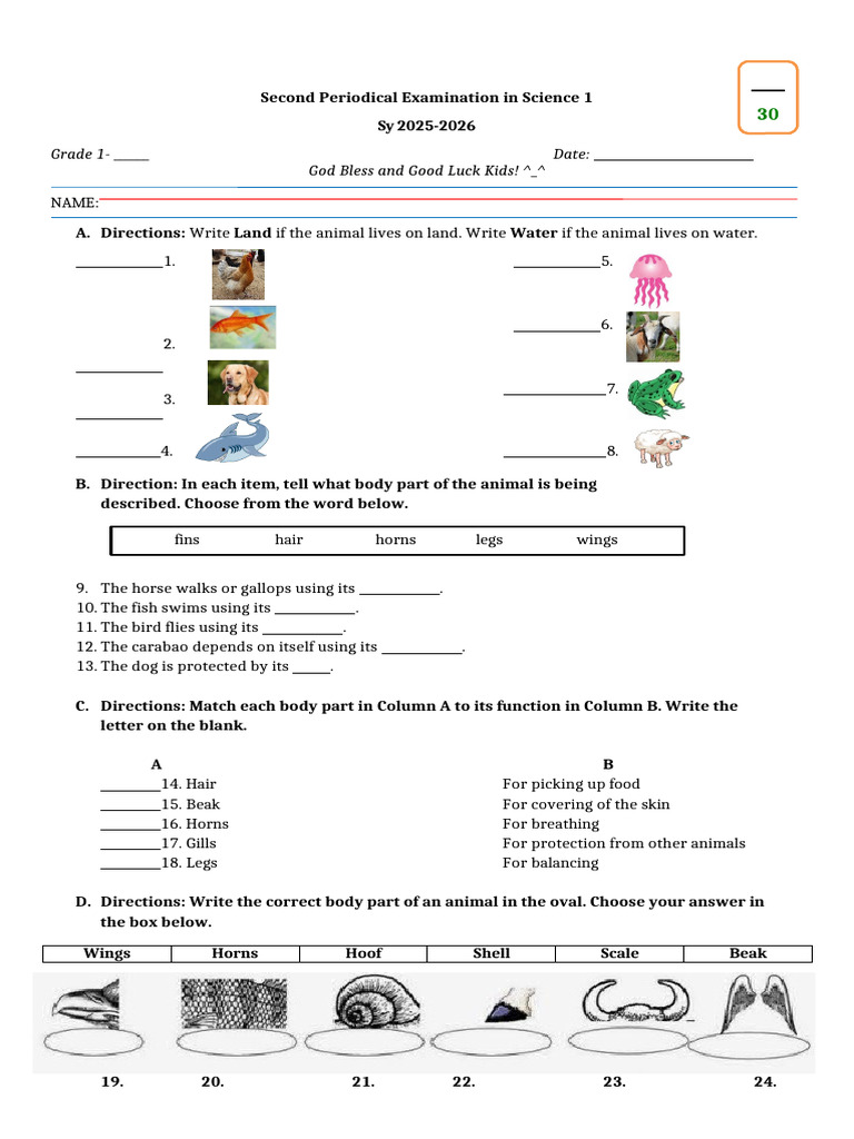 Grade 1 Science Exam: Animal Body Parts | PDF