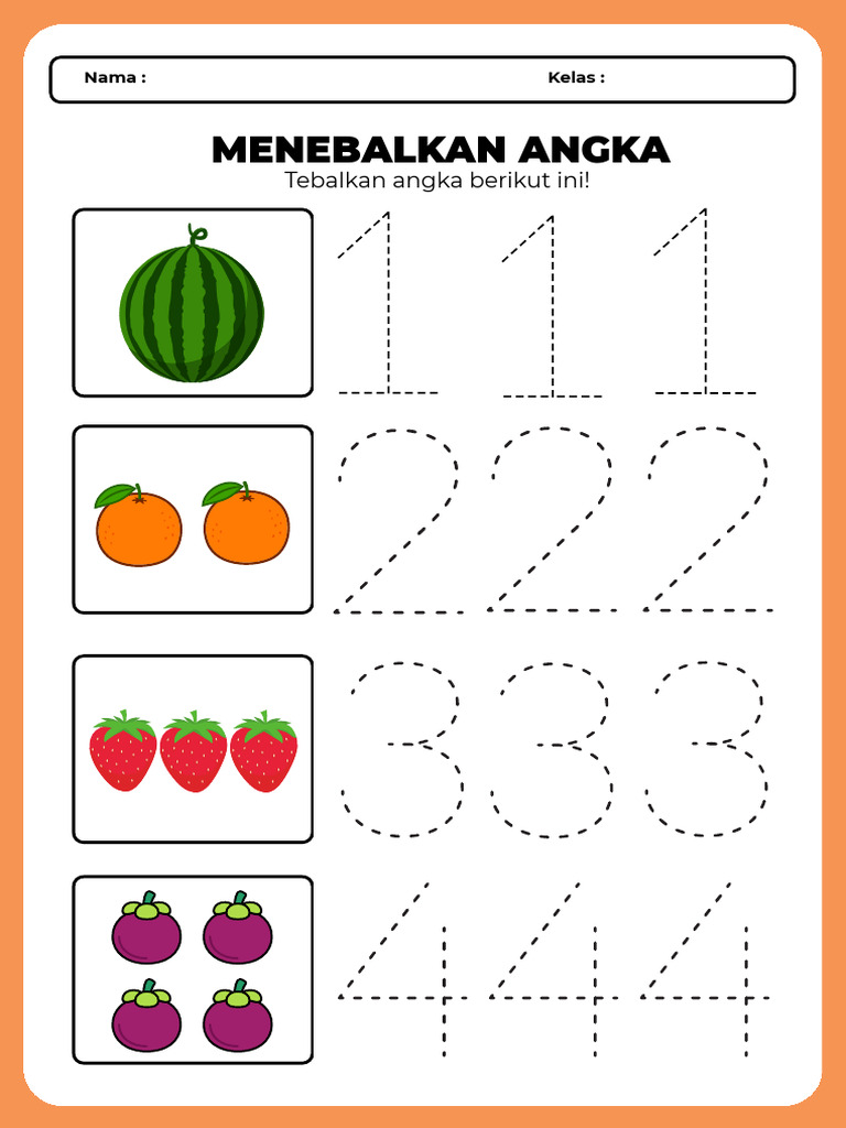 Lembar Kerja Menebalkan Angka Dalam Gaya Ilustratif Oranye Putih | PDF