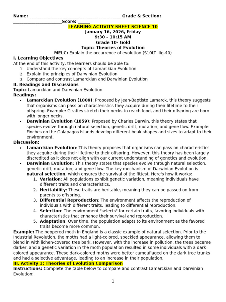 Science 10 Learning Activity Sheet January 16 2026 Theories of Evolution | PDF | Natural ...