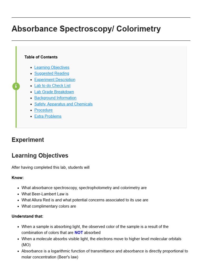 Absorbance Spectroscopy Lab Guide | PDF | Absorption Spectroscopy ...