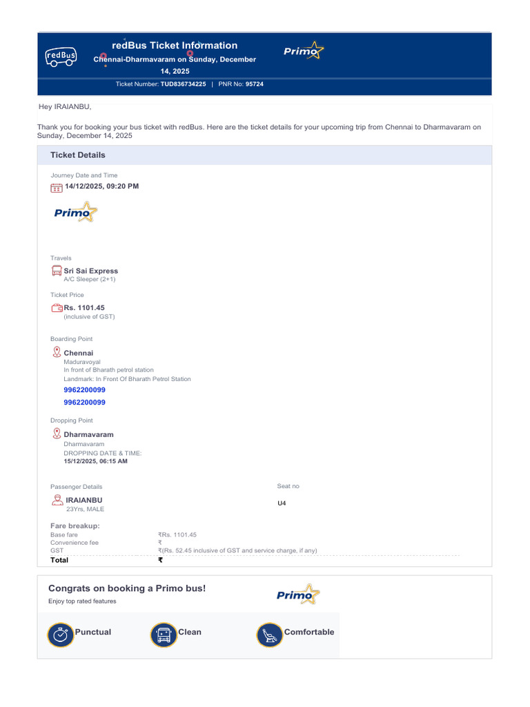 Chennai to Dharmavaram Bus Ticket Details | PDF | Transport