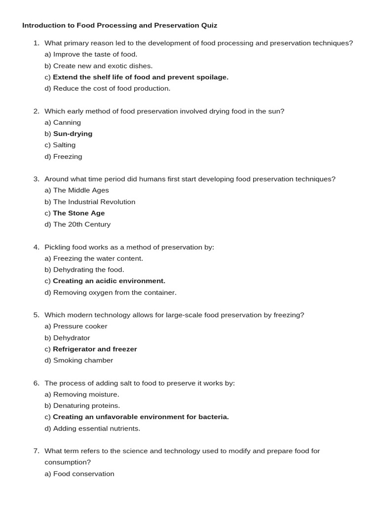 Food Processing and Preservation Quiz | PDF | Food Preservation | Food ...