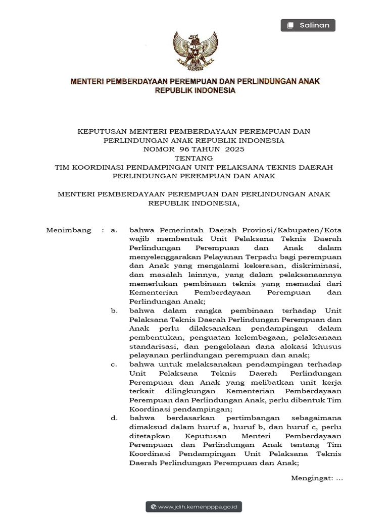 SK Sesmen PPPA No 96 THN 2025 TTG Tim Koordinasi Pendampingan Unit ...