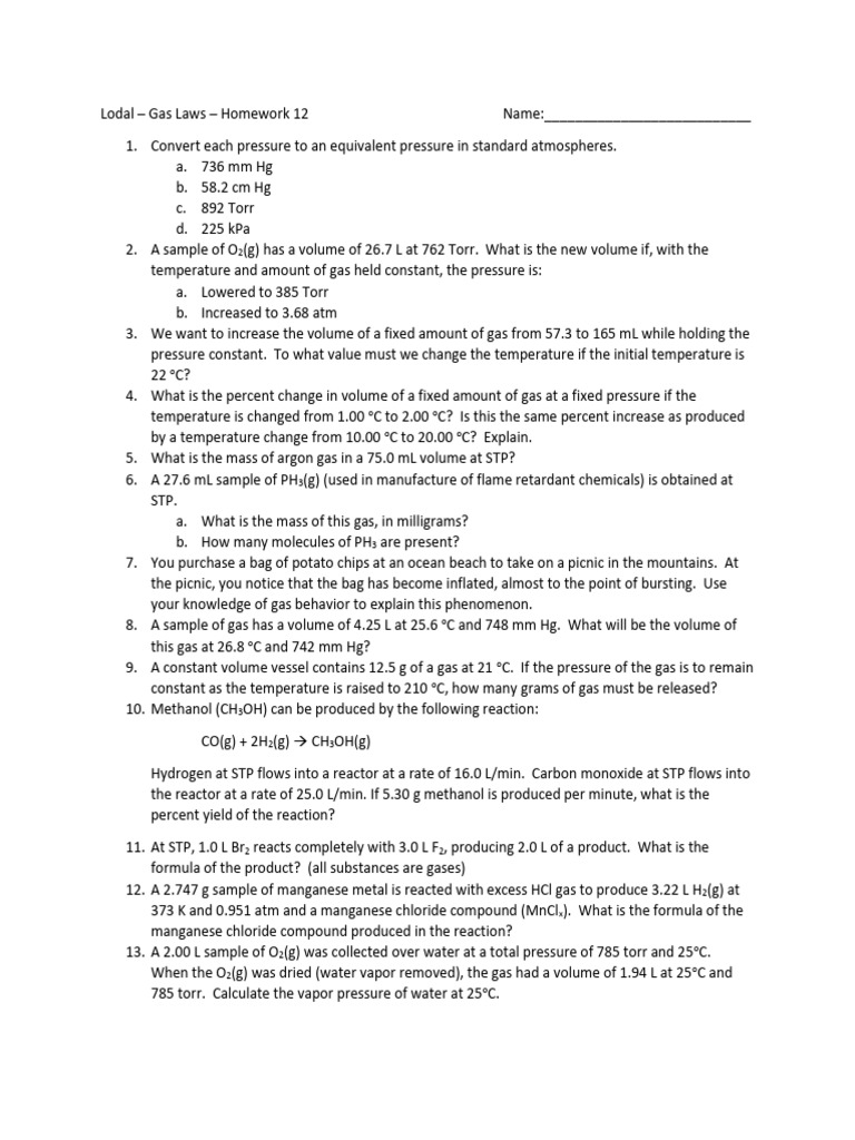 Homework 12 - Pressure, Initial Gas Laws, General Gas Equation | PDF ...