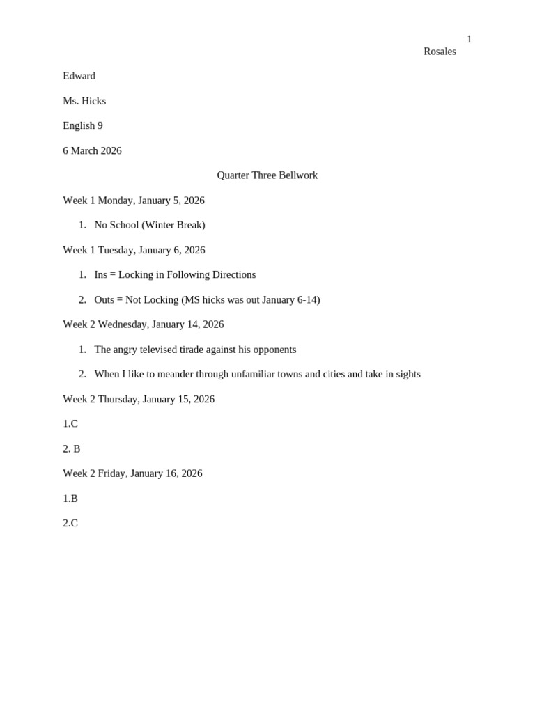 English 9 Quarter 3 Bellwork Log | PDF