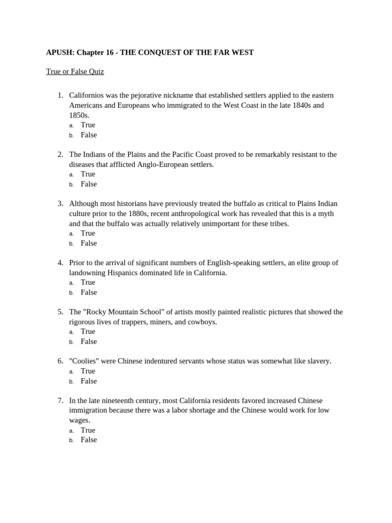 APUSH-Chapter16TrueorFalseQuiz | PDF | Western United States | Cowboys