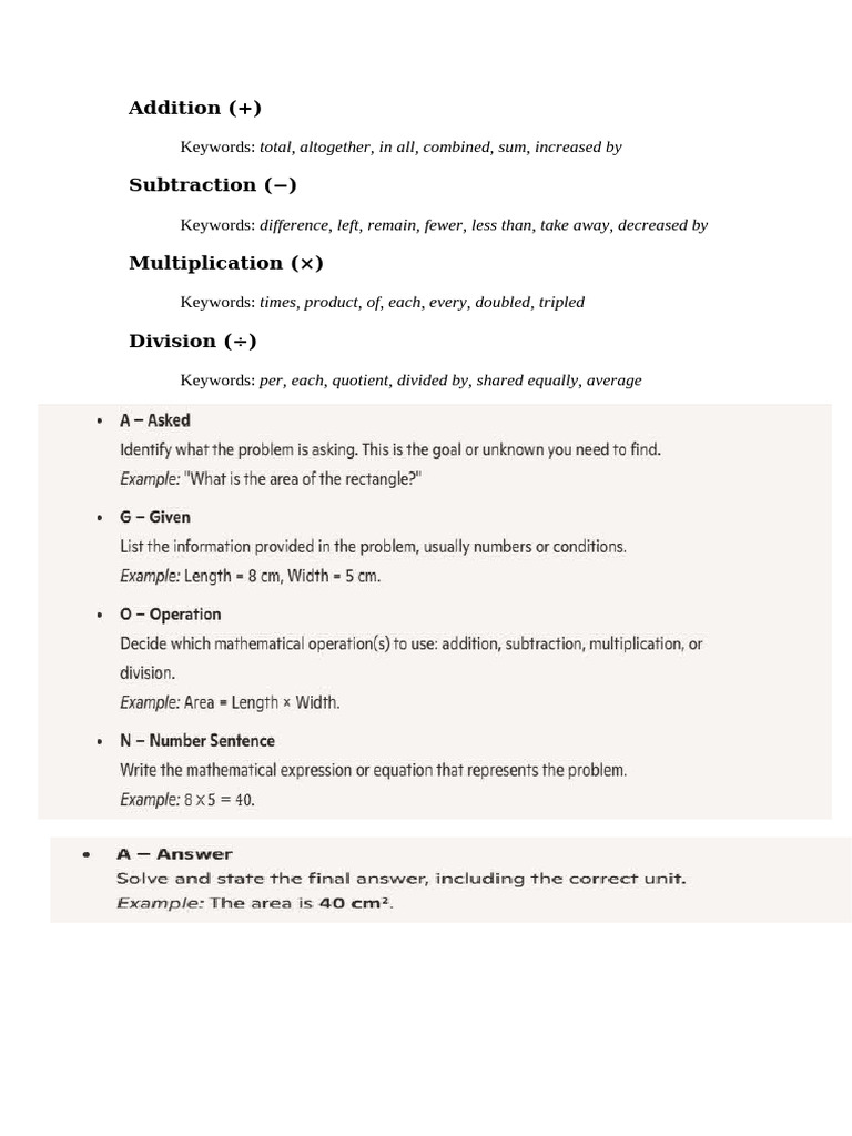 Math Operations and Their Keywords | PDF