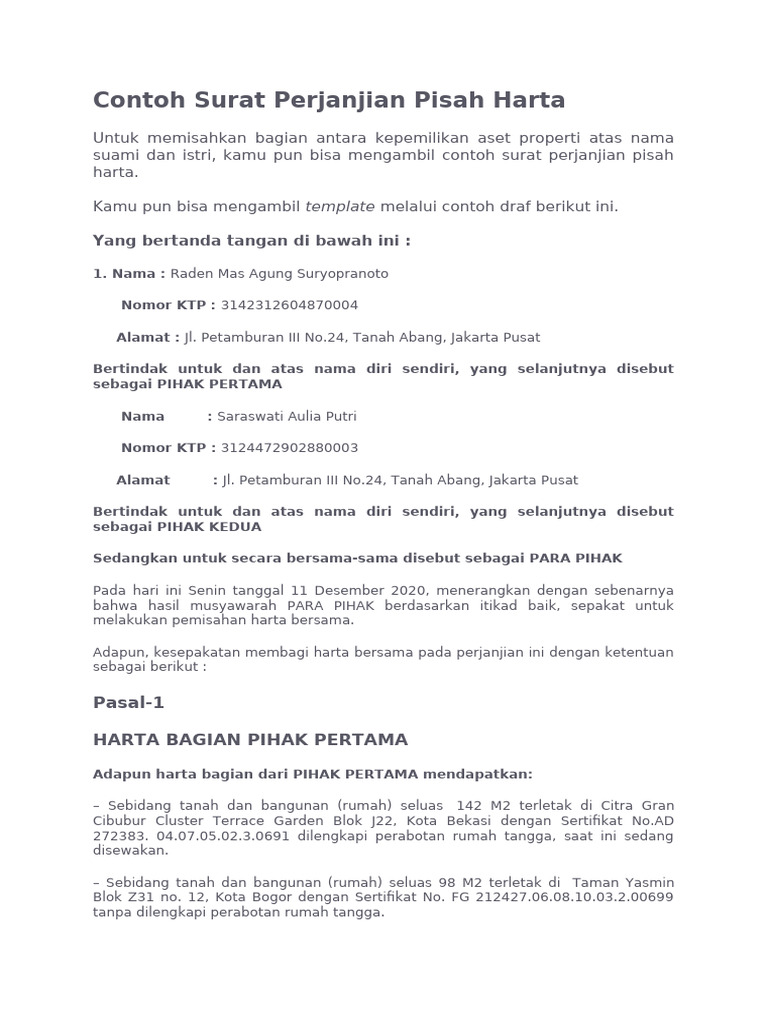 Contoh Surat Perjanjian Pisah Harta | PDF
