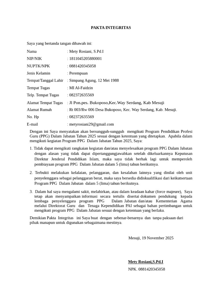 Pakta Integritas PPG 2025 Mety Rosiani | PDF
