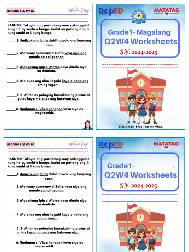 MATATAG Grade 1 Q2 Week 4 Worksheets Booklet_Teacher Mhejz Bacani | PDF