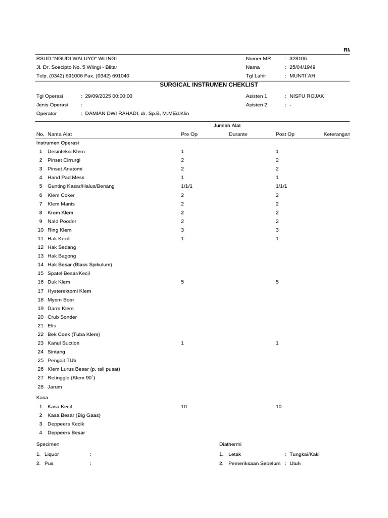 Surgical Instrument Checklist for RM 09.13 | PDF