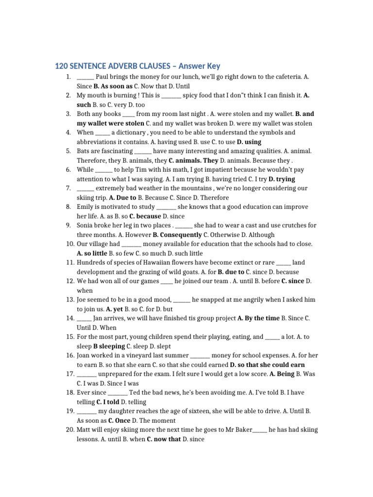 120 Sentence Adverb Clauses Answer Key | PDF