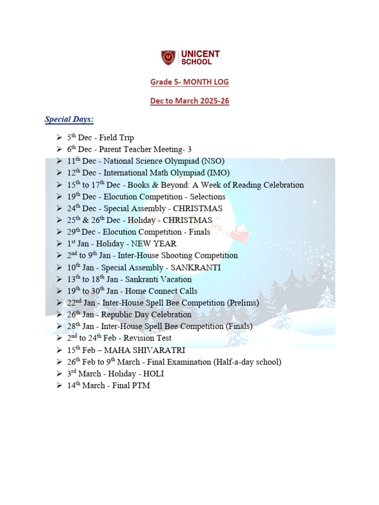 Grade 5- Month Log (Dec to March)(1)(1) | PDF