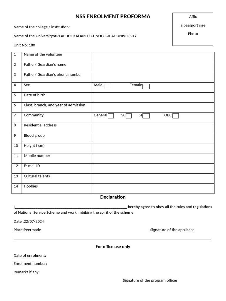 NSS Enrolment Form Template | PDF