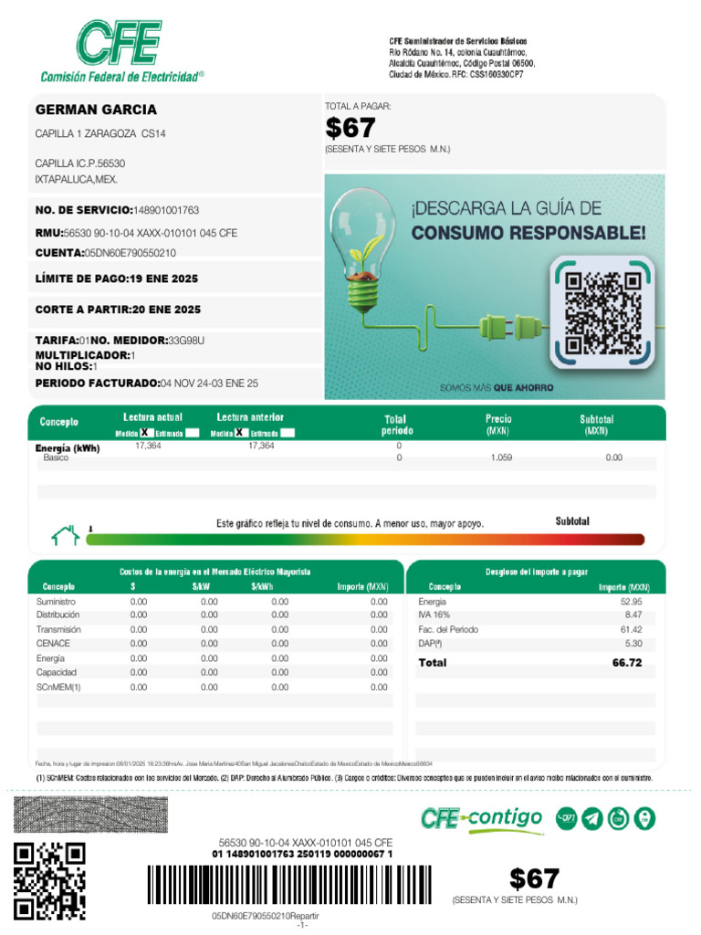 Factura de CFE: Consumo y Pago | PDF | Energia electrica | Poder (Física)