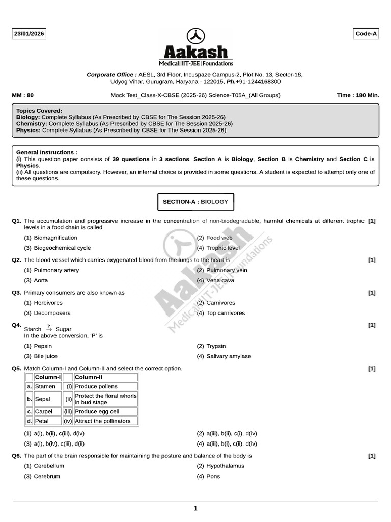 CBSE Mock Test-5A - All Groups (Class-10) - Science (23!01!2026) | PDF