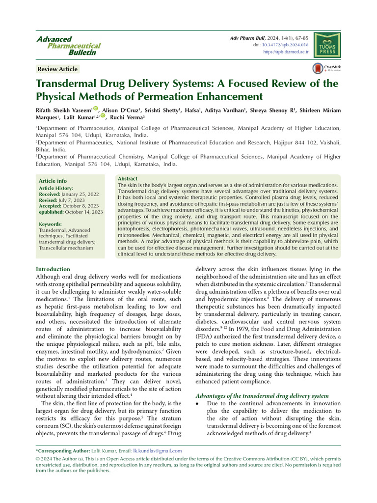 Transdermal Drug Delivery Methods Review | PDF | Bioavailability ...