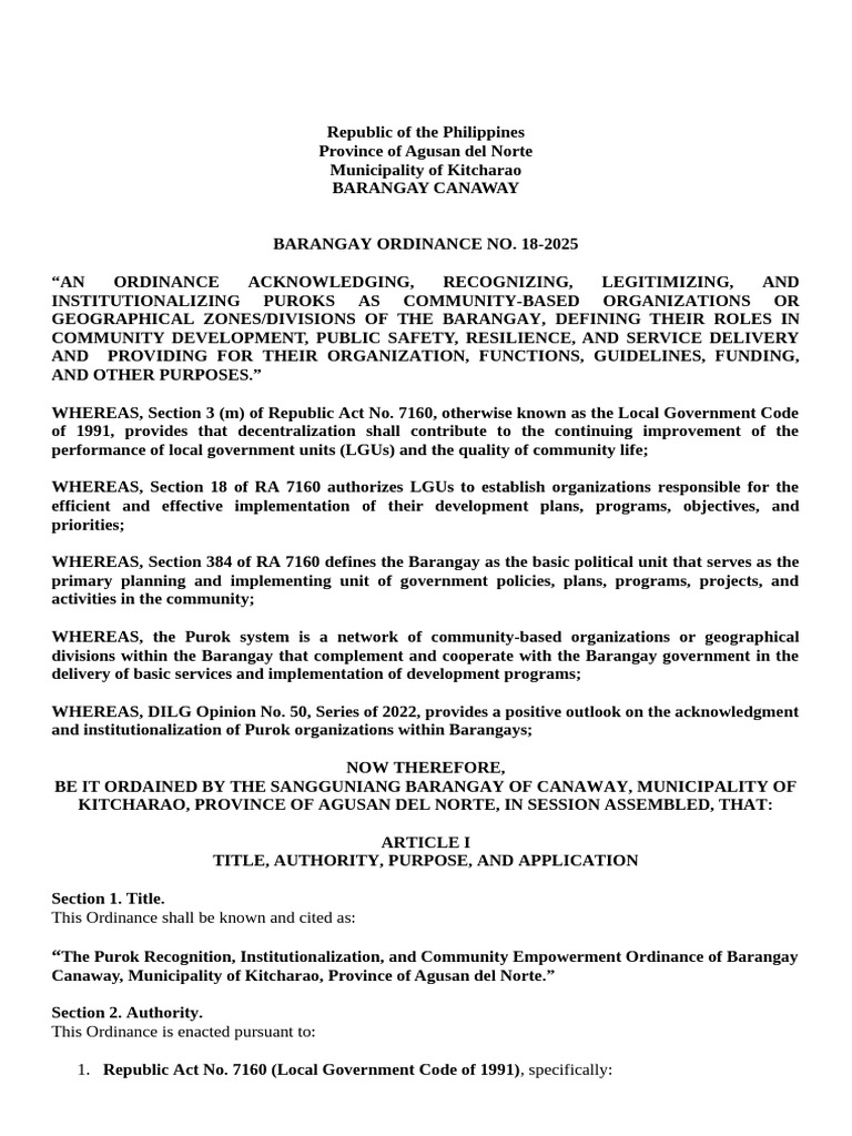 Purok Empowerment Ordinance Kitcharao | PDF | Emergency | Governance