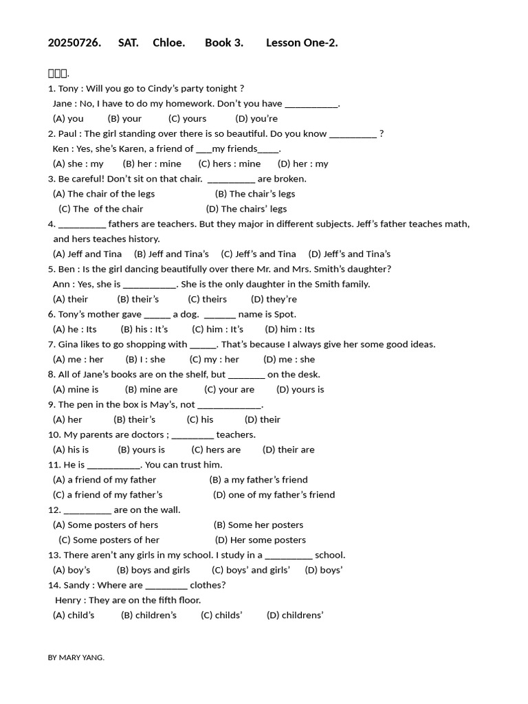 20250726. SAT. Chloe. Book 3. Lesson One-2. | PDF
