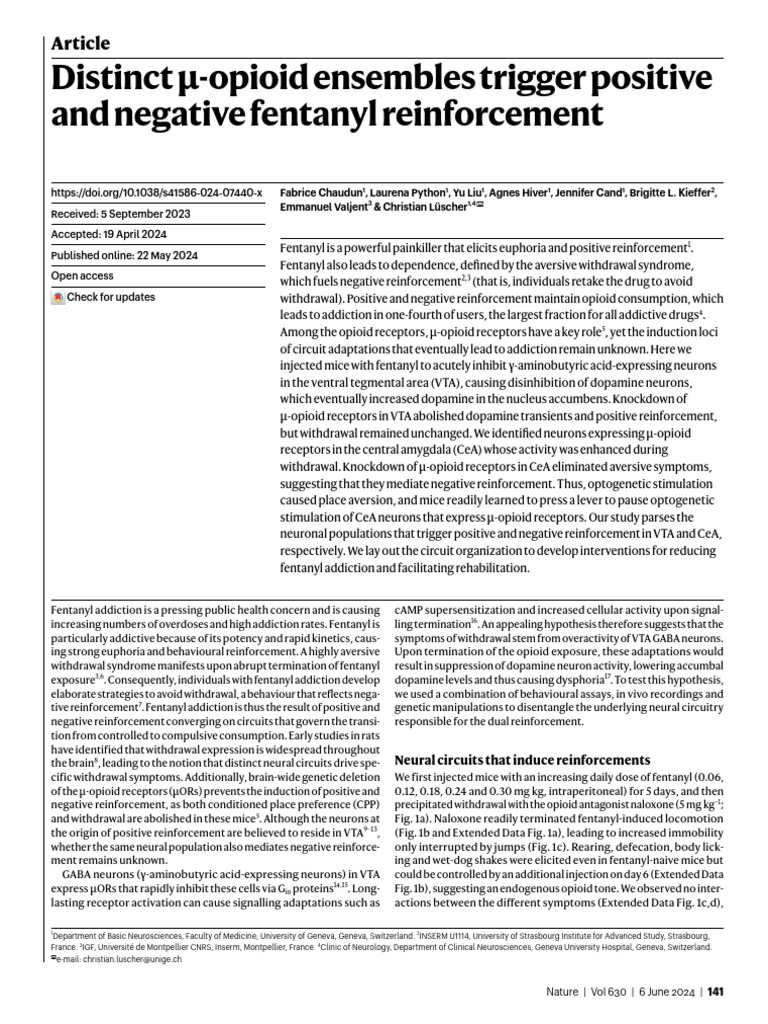 Distinct - Opioid Ensembles Trigger Positive and Negative Fentanyl ...
