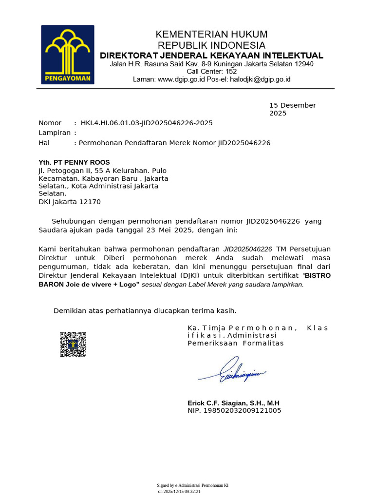 Permohonan Merek "BISTRO BARON" Disetujui | PDF