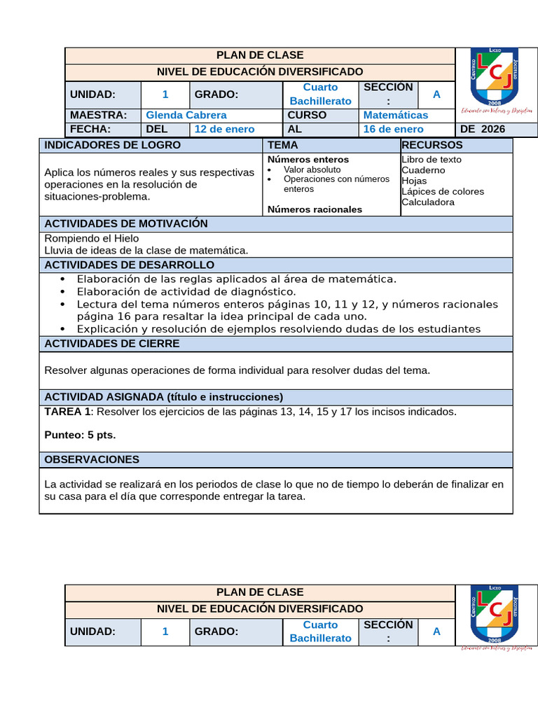 Plan Semana 1 y 2 Primera Unidad | PDF | Número Real | Matemáticas